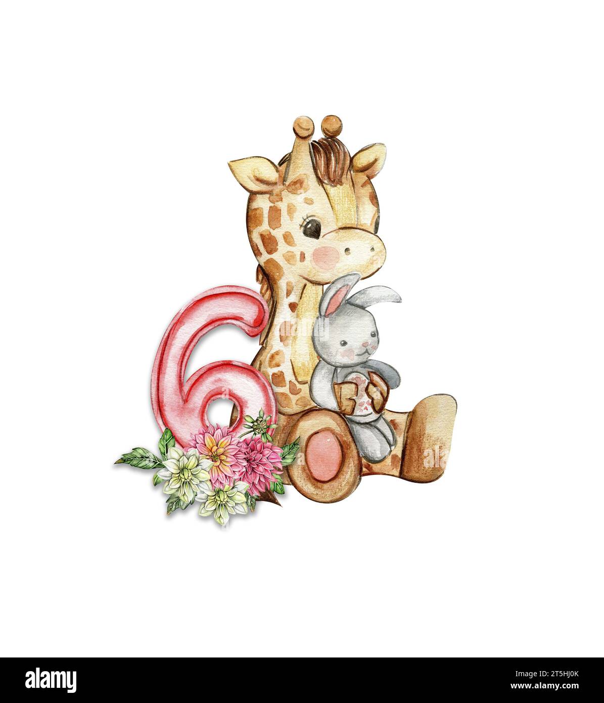 Watercolor hand drawn small baby giraffe with dahlia flowers and ...