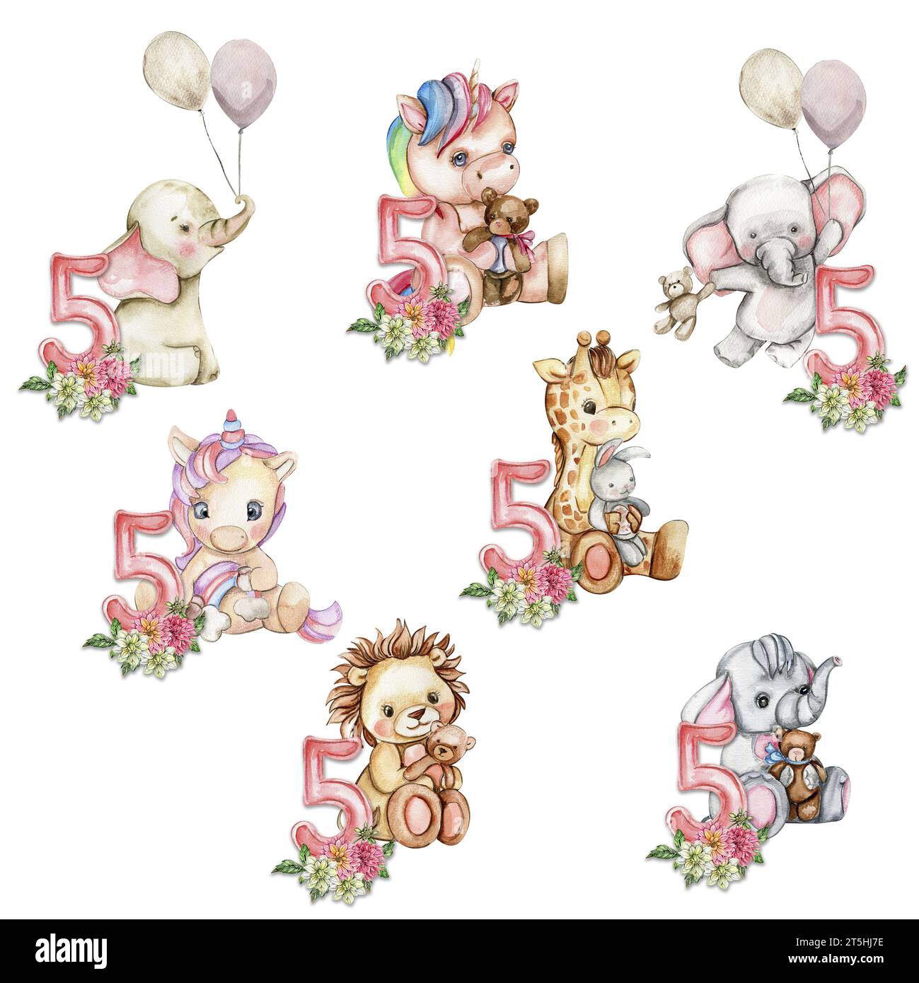 Watercolor hand drawn small baby animals with dahlia flowers and ...