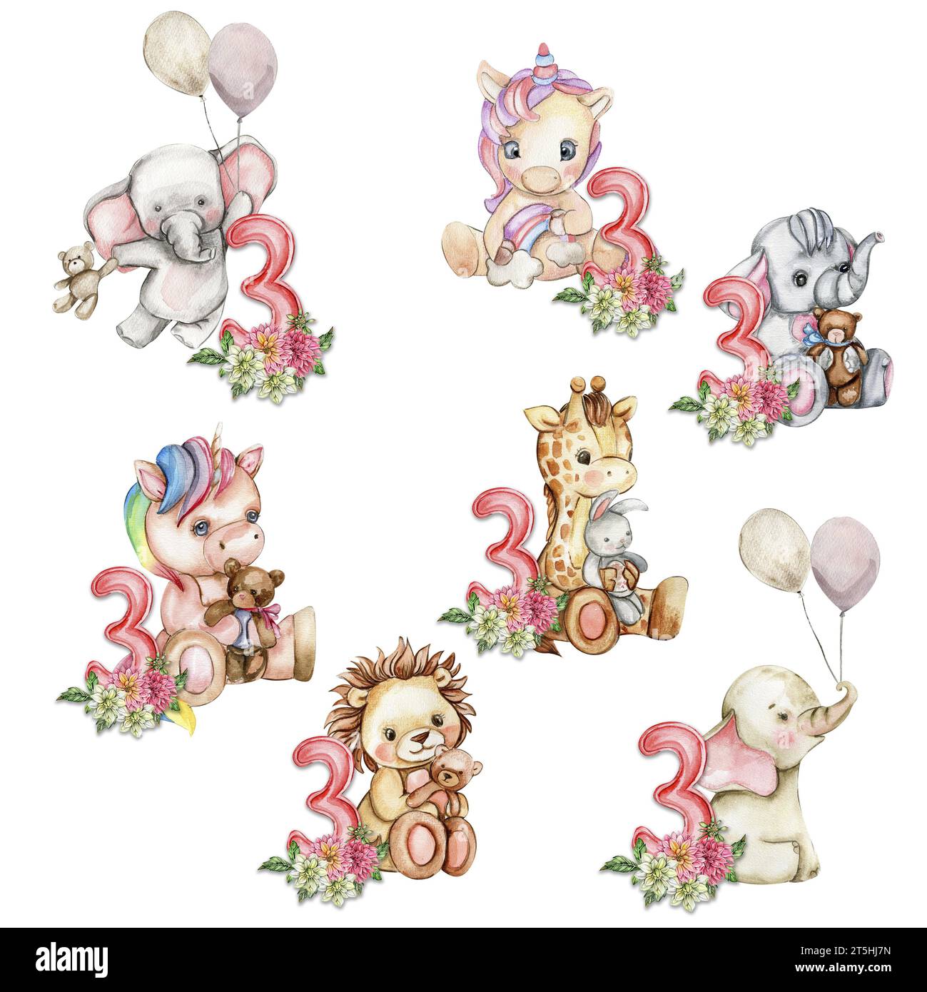 Watercolor hand drawn small baby animals with dahlia flowers and ...
