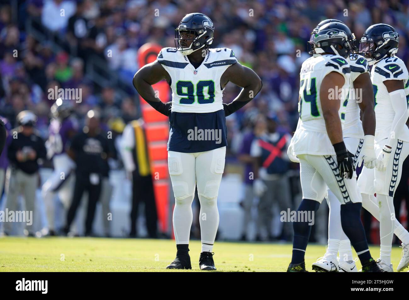 Seattle Seahawks defensive tackle Jarran Reed (90) gets set for a play ...