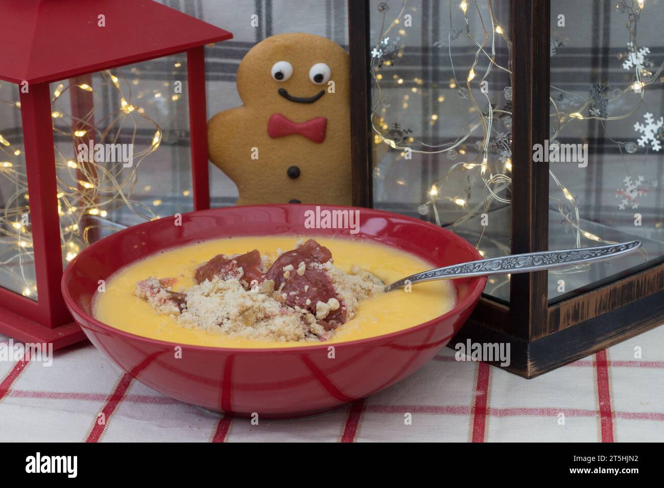 A dish of rhubarb crumble and custard with gingerbread man looking ...