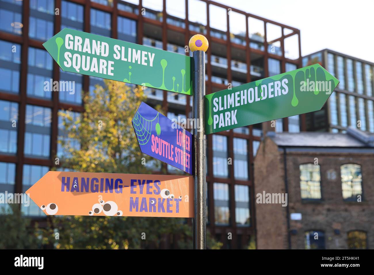 Halloween signage on a scary theme for children on Granary Square at ...