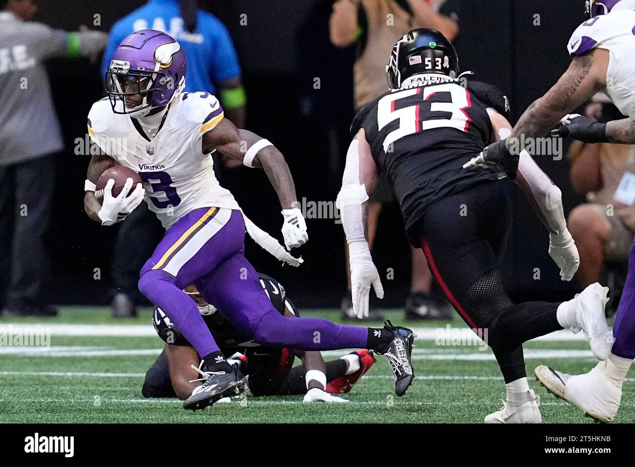 Minnesota Vikings wide receiver Jordan Addison (3) runs after a catch ...