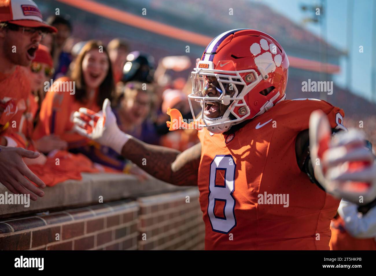 Clemson defensive tackle Tre Williams hypes up the crowd before an NCAA ...