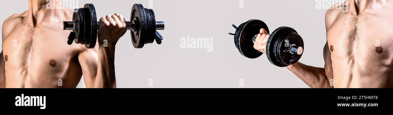 Skinny guy hold dumbbells up in hands. A thin man in sports with ...