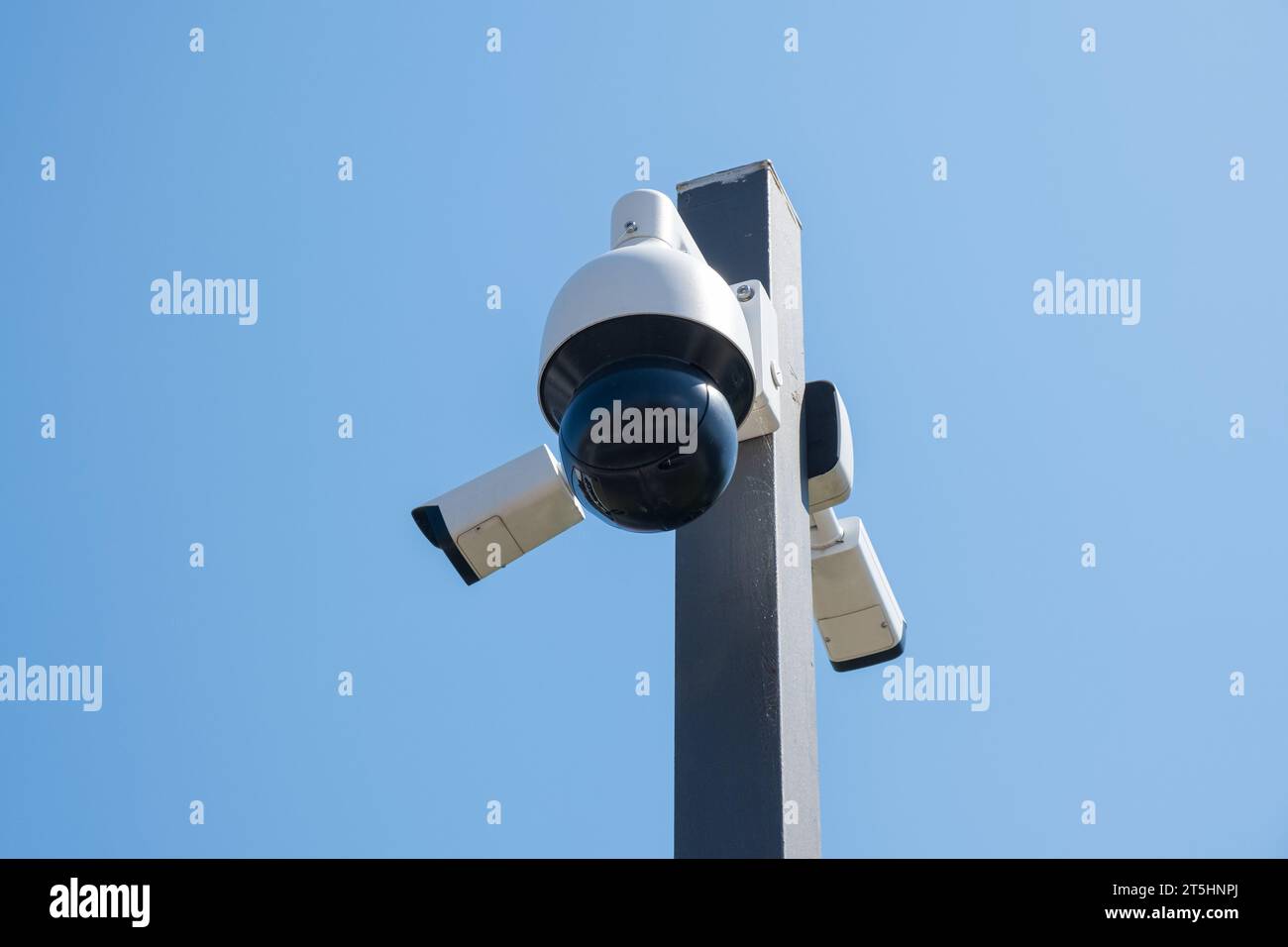 CCTV camera monitoring system with panoramic view outdoor against blue ...
