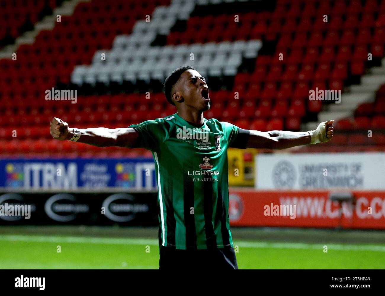 Cray Valley's Kyrell Jeremiah Lisbie celebrates after Charlton Athletic ...