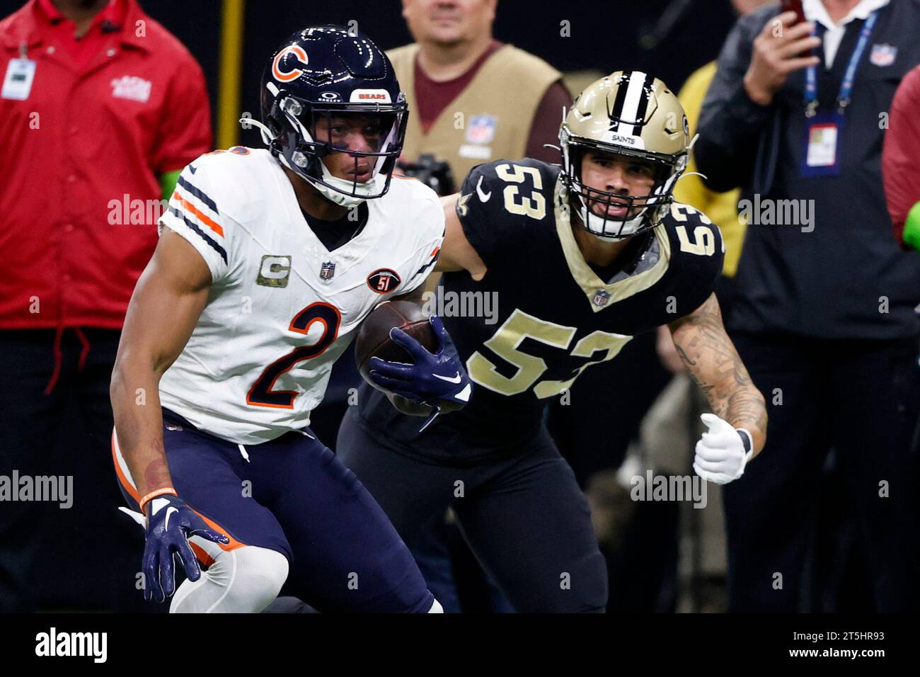 Chicago Bears wide receiver DJ Moore (2) runs past New Orleans Saints linebacker Zack Baun (53 ...