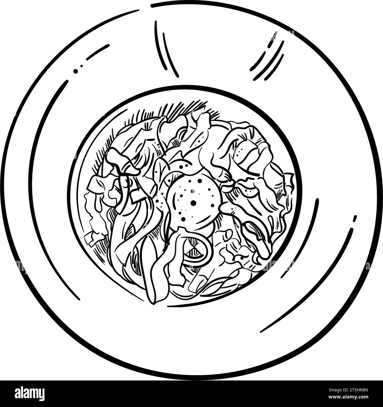 Illustration Of Italian Pasta Carbonara With Chicken And Egg Bacon Hand Sketch Drawing