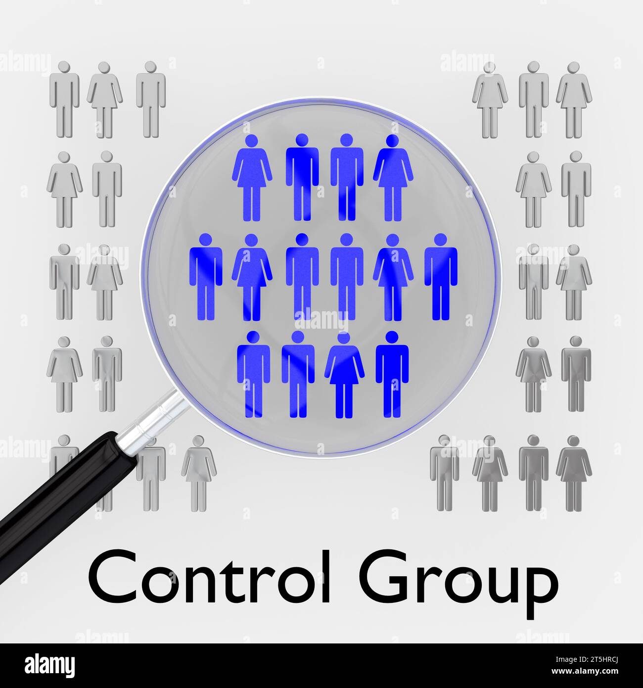 3D illustration of magnifying glass over women and men silhouettes ...