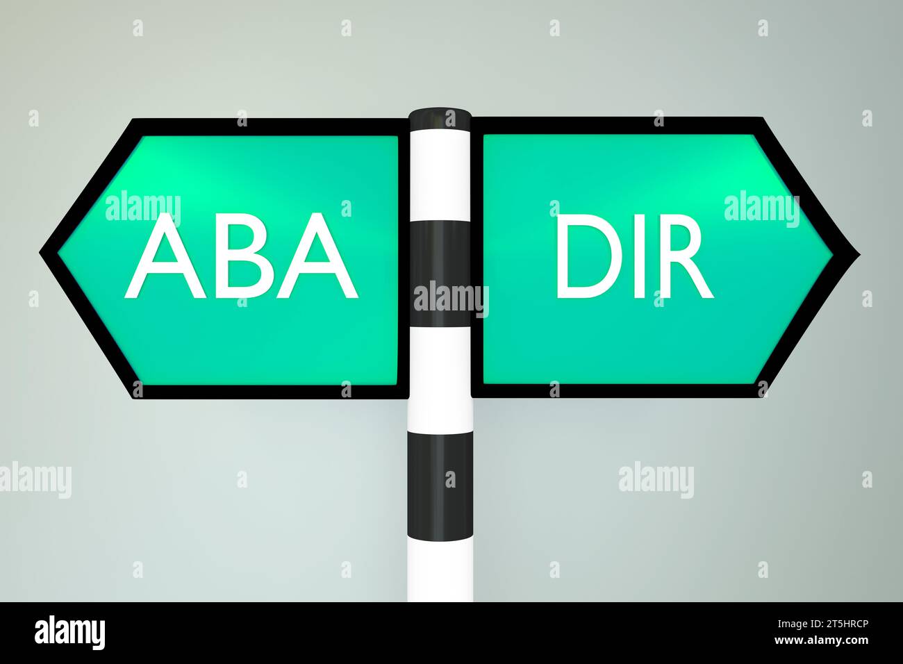 3D illustration of two road signs pointing to opposite directions. On ...