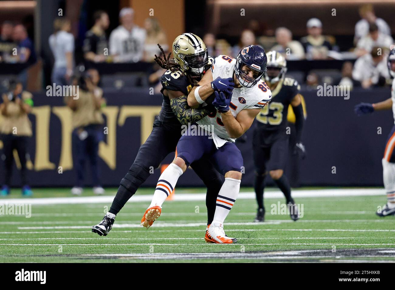 Chicago Bears tight end Cole Kmet (85) is tackled by New Orleans Saints ...