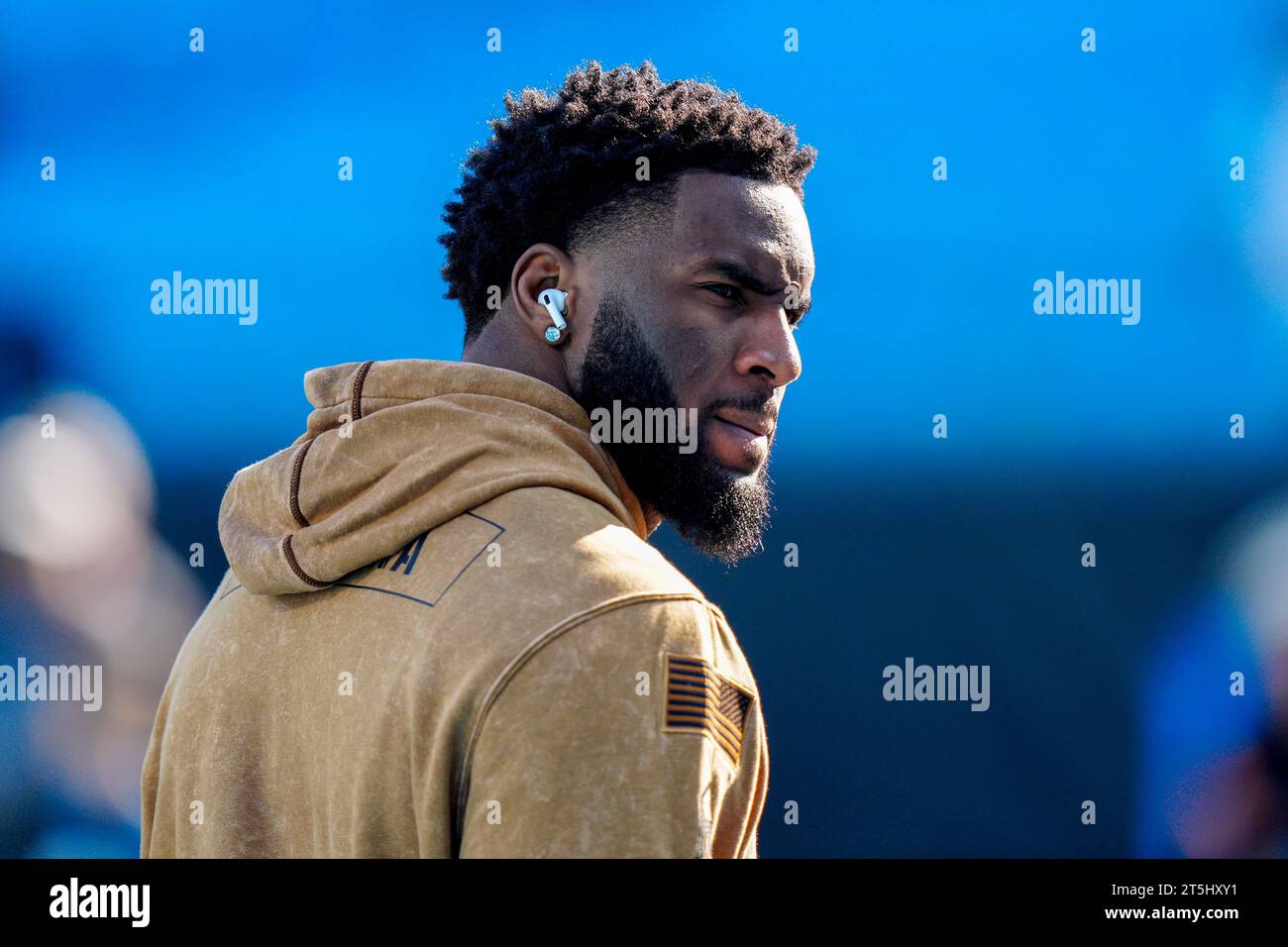 Carolina Panthers linebacker Brian Burns watches during warm ups before ...