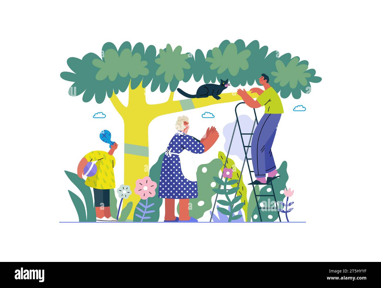 Mutual Support Rescue Cat From Tree Modern Flat Vector Concept