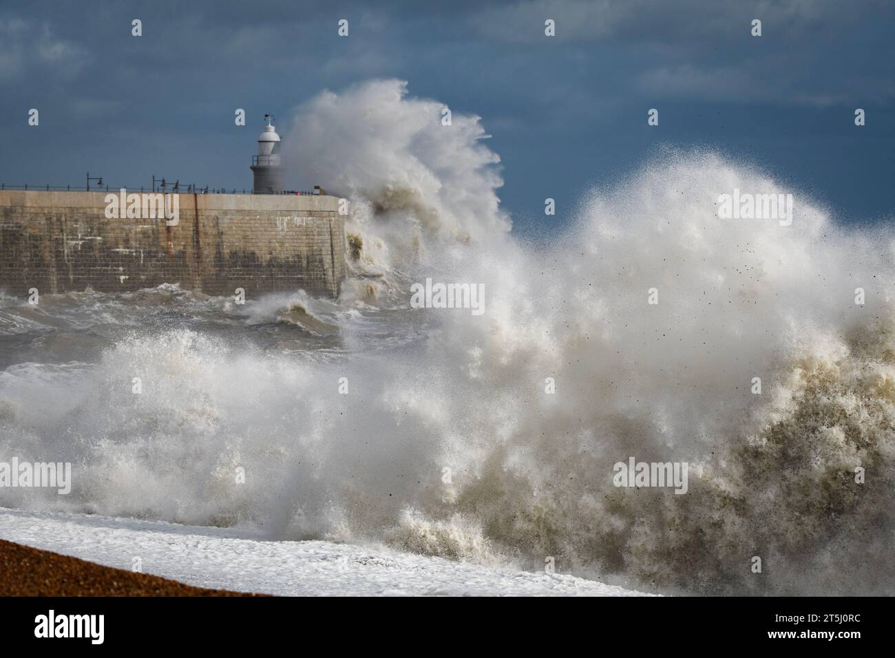 Storm Ciaran Waves in front of Lighthouse forming a Lions Head Stock ...
