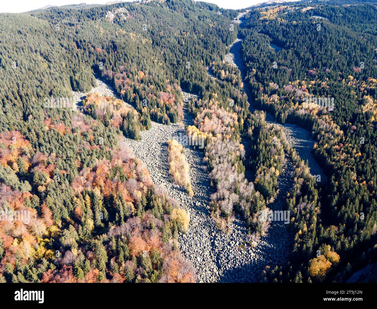 Aerial autumn view of Stone river know as Zlatnite Mostove (Golden Bridges) at Vitosha Mountain ...