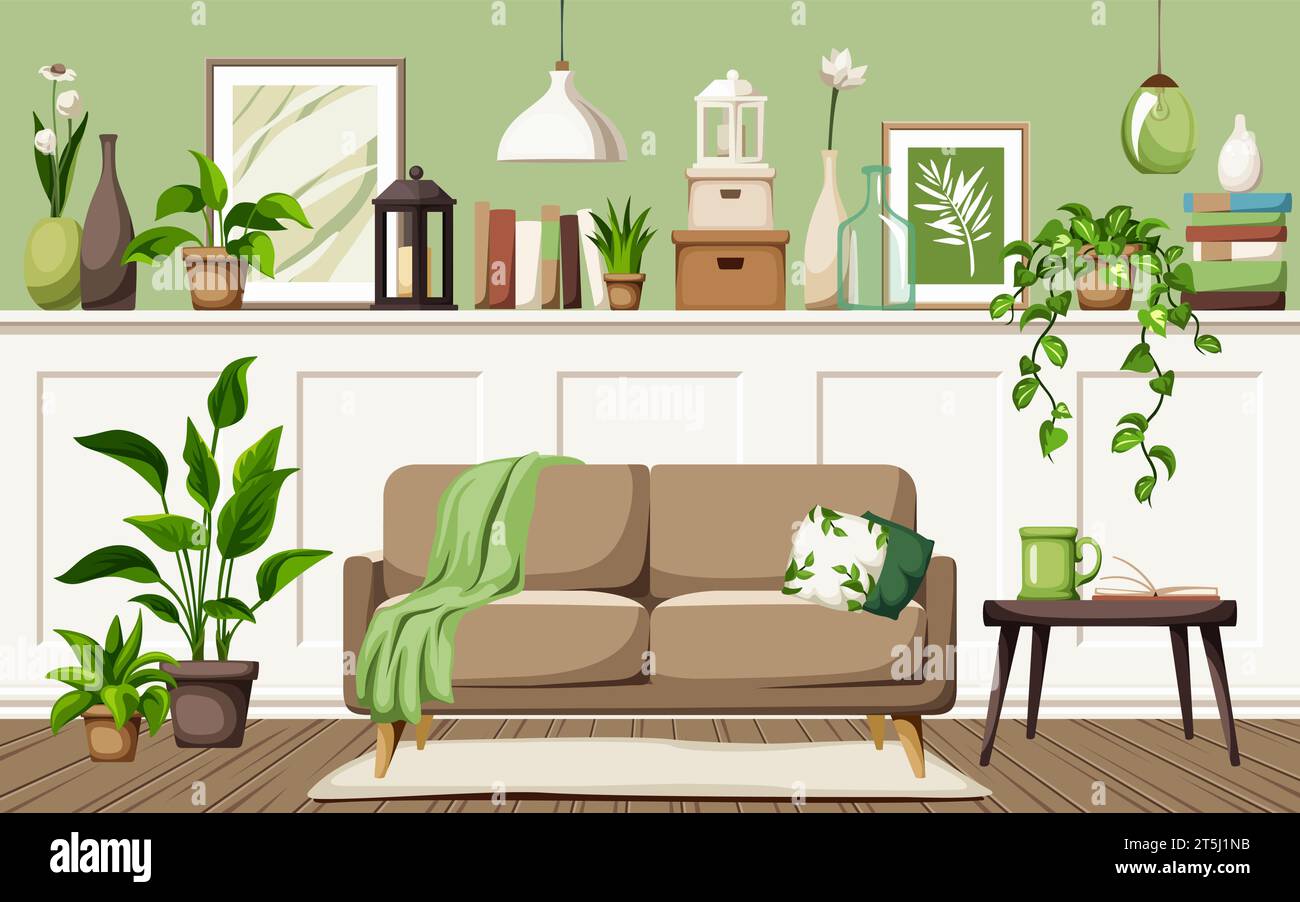 Living room interior with white wall panels, a sofa, a table, pictures ...