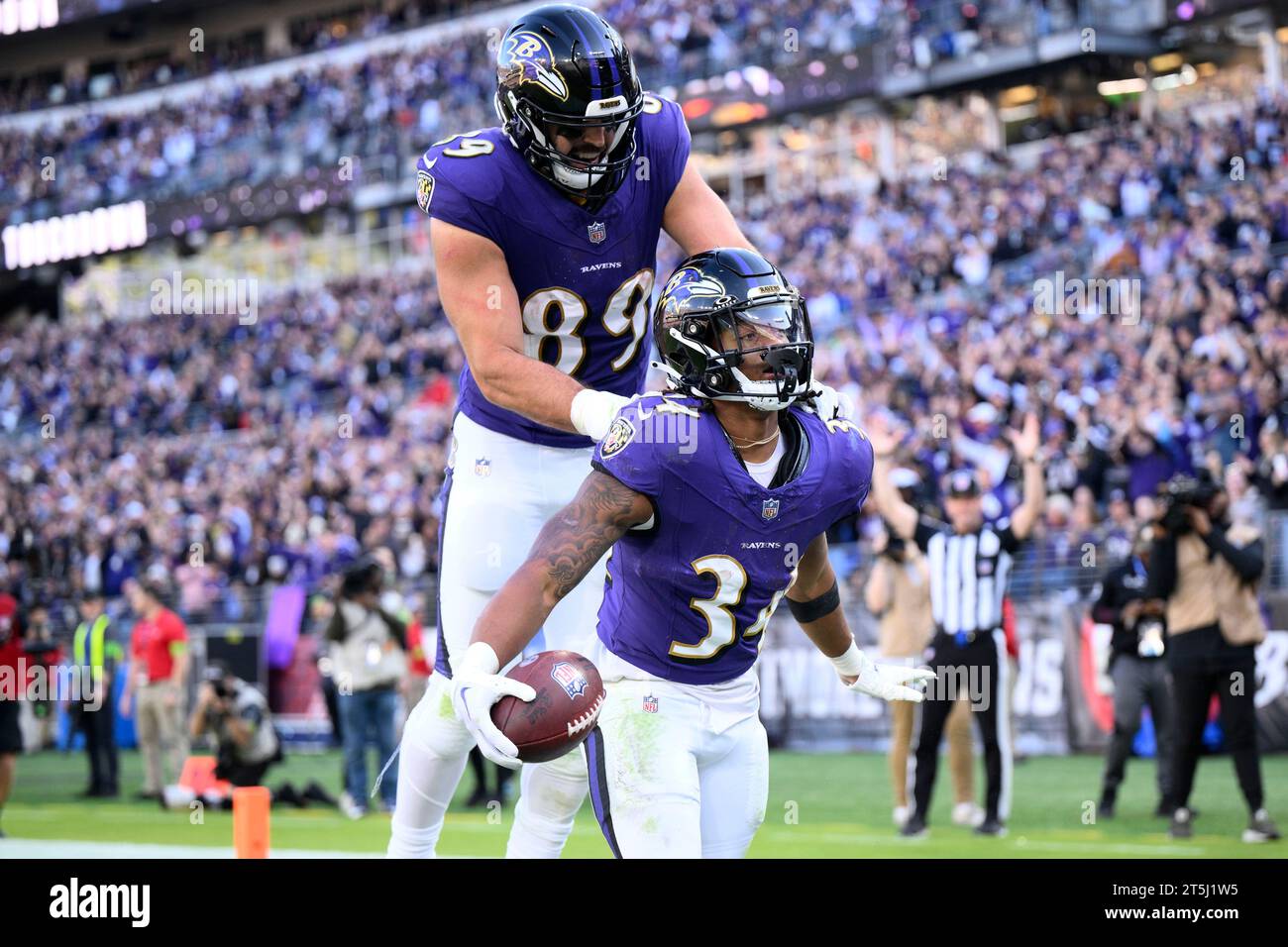Baltimore Ravens running back Keaton Mitchell (34) celebrates with ...