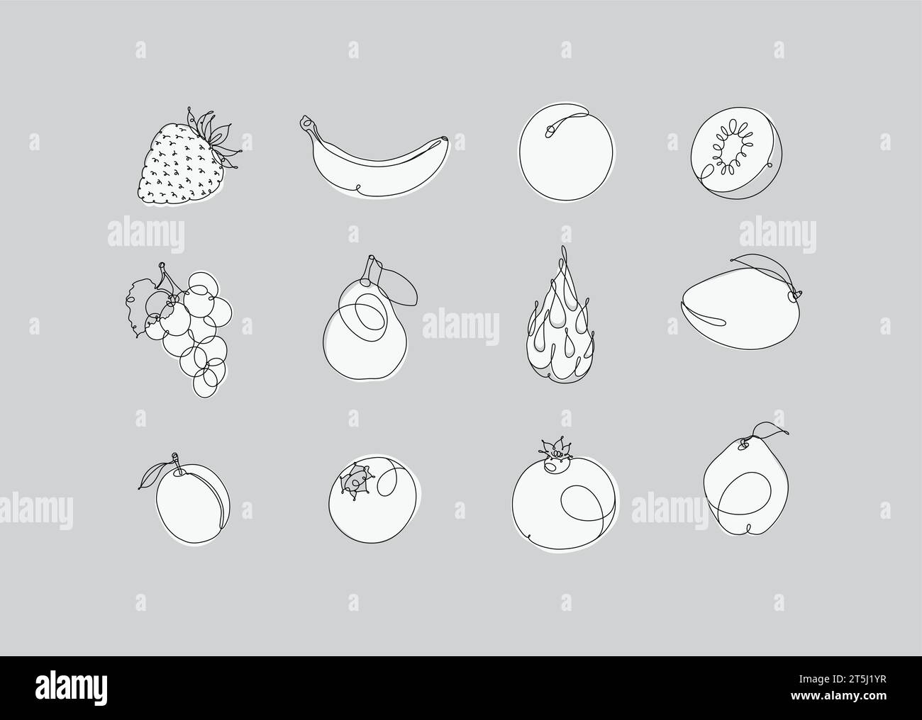 Fruits icons strawberry, banana, apricot, kiwi, grapes, pear, dragon ...