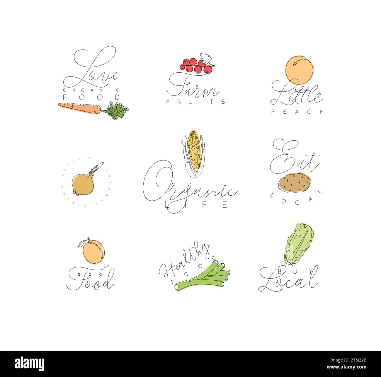 Label fruits and vegetables carrot, currant, peach, onion, corn, potato ...