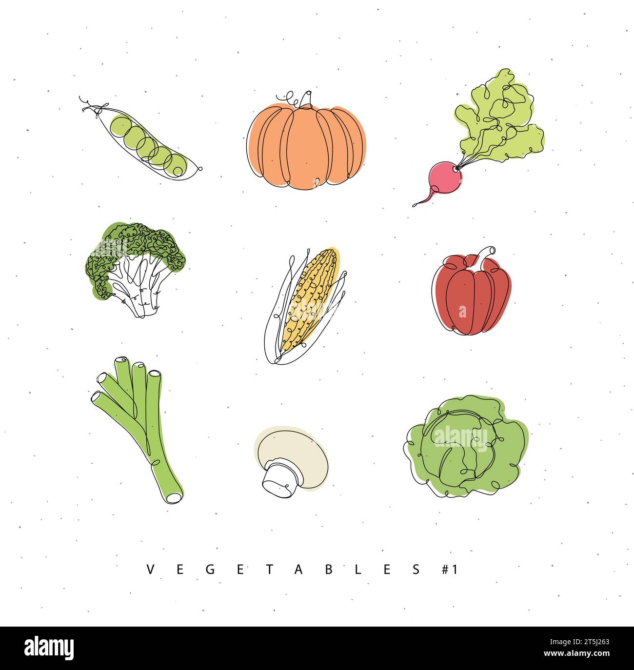 Vegetables icons peas, pumpkin, radish, broccoli, corn, pepper, leek ...