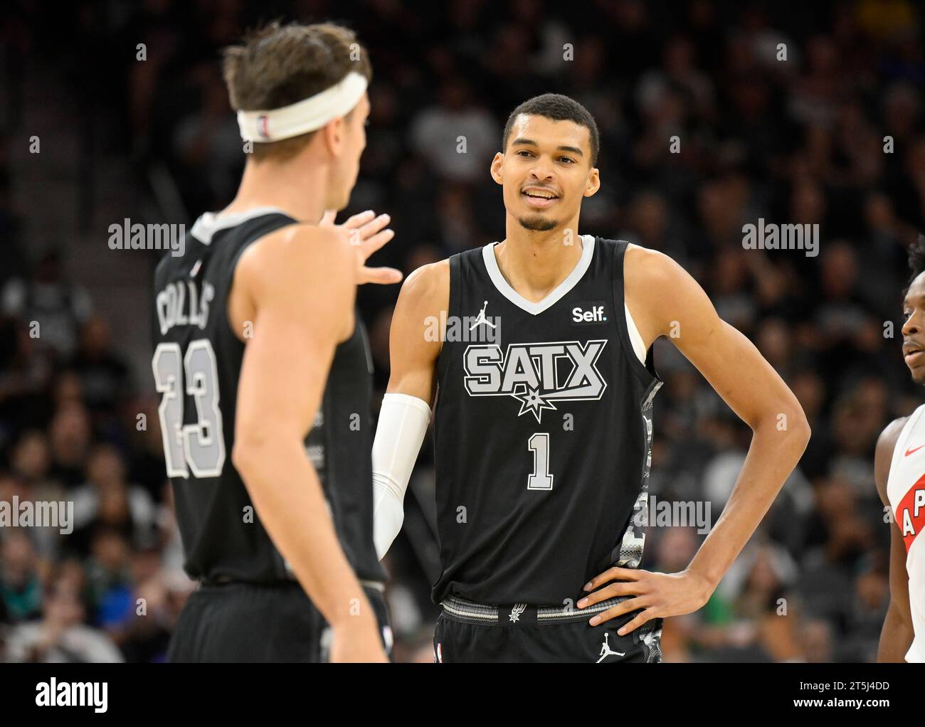 San Antonio Spurs' Victor Wembanyama (1) and Zach Collins celebrate ...