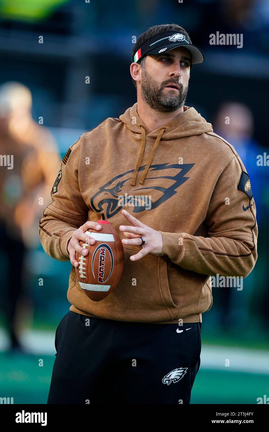 Philadelphia Eagles head coach Nick Sirianni watches warm ups before an ...