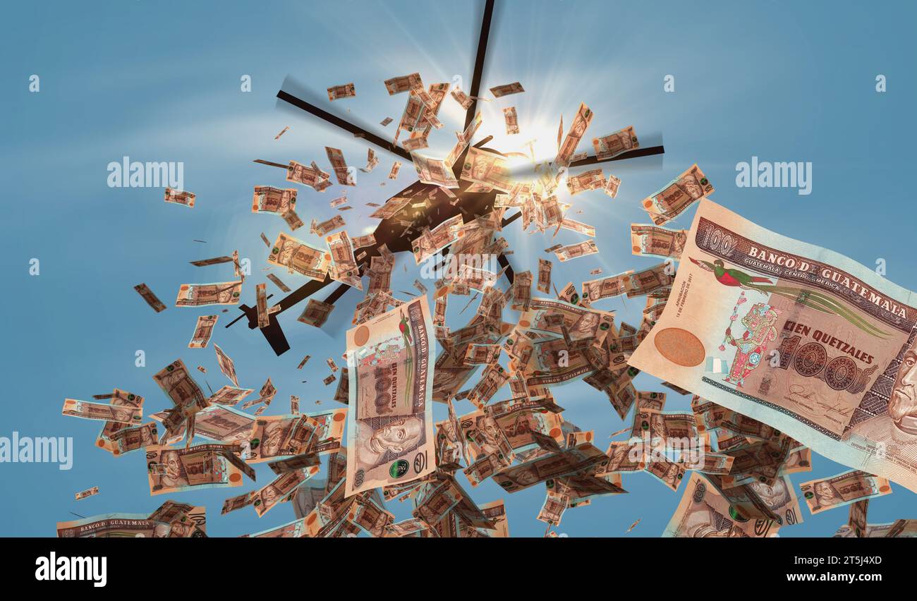 Guatemala quetzal banknotes helicopter money dropping. GTQ 100 notes ...