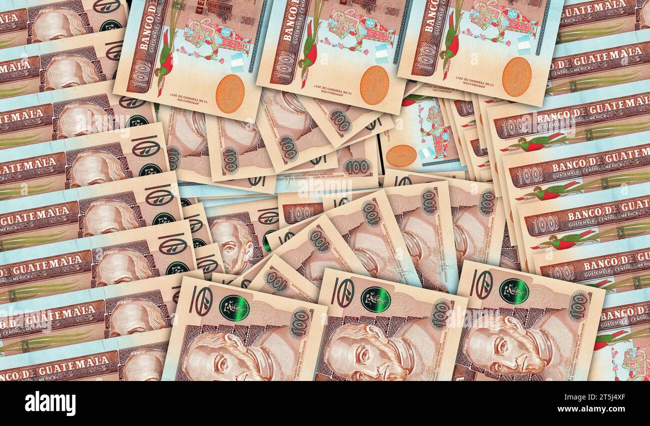 Guatemala quetzal banknotes in a cash fan mosaic pattern. GTQ 100 money ...