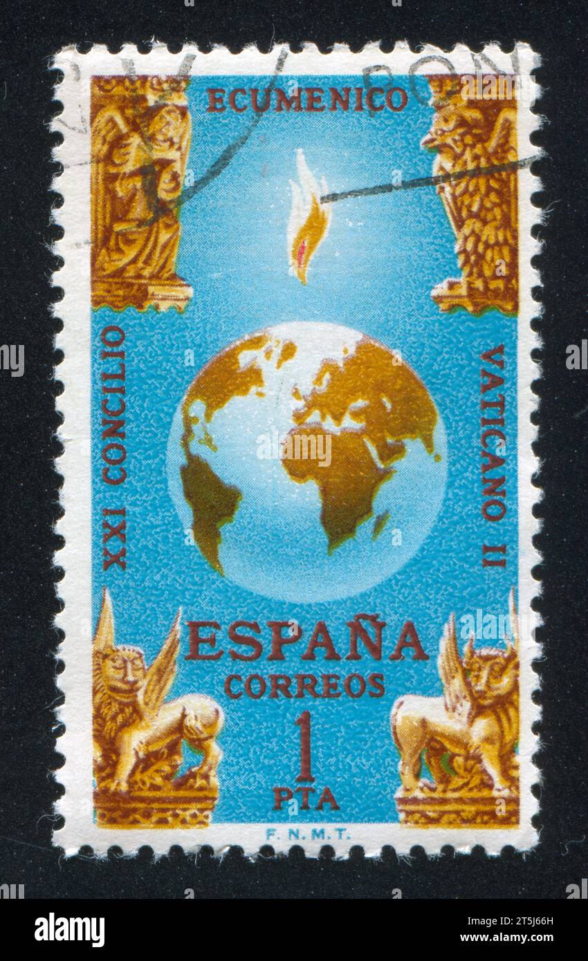 SPAIN - CIRCA 1965: stamp printed by Spain, shows Globe and Four Beasts ...
