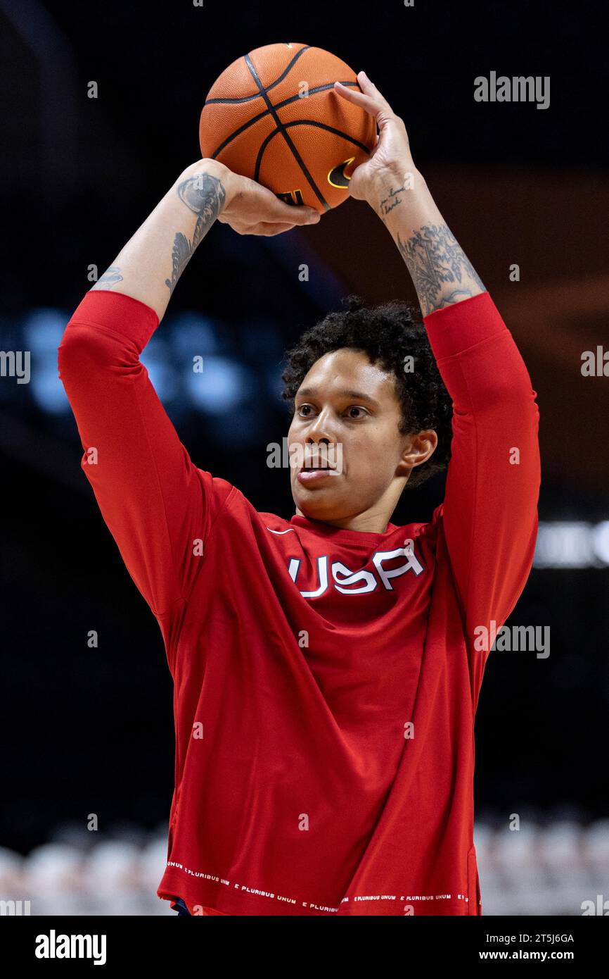 Team USA center Brittany Griner (15) shoots during warmups before an ...