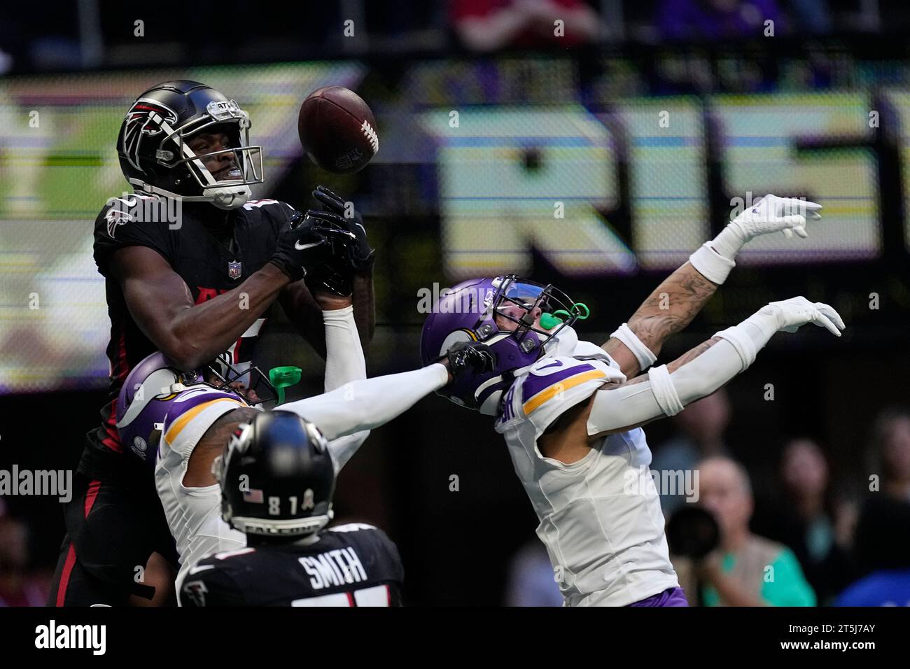 Atlanta Falcons wide receiver Van Jefferson, top left, lets a Hail Mary ...