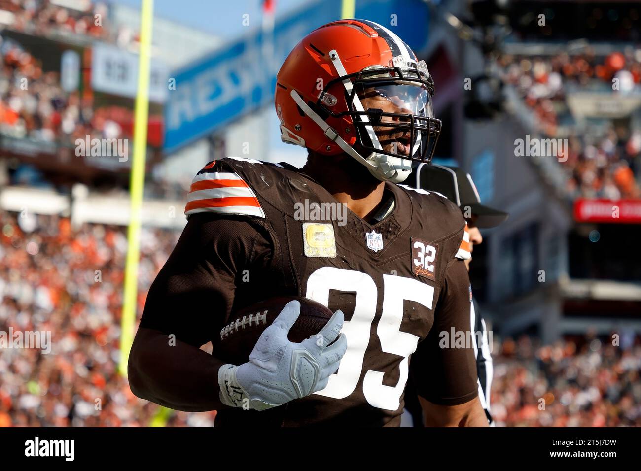 Cleveland Browns defensive end Myles Garrett (95) walks back to the ...