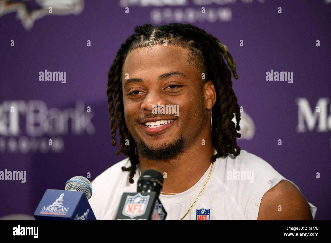 Baltimore Ravens running back Keaton Mitchell speaks during a news ...
