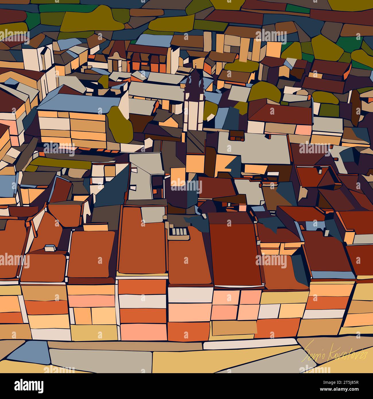 Lviv, Ukraine. View in Lviv city. Ukrainian architecture, vector ...