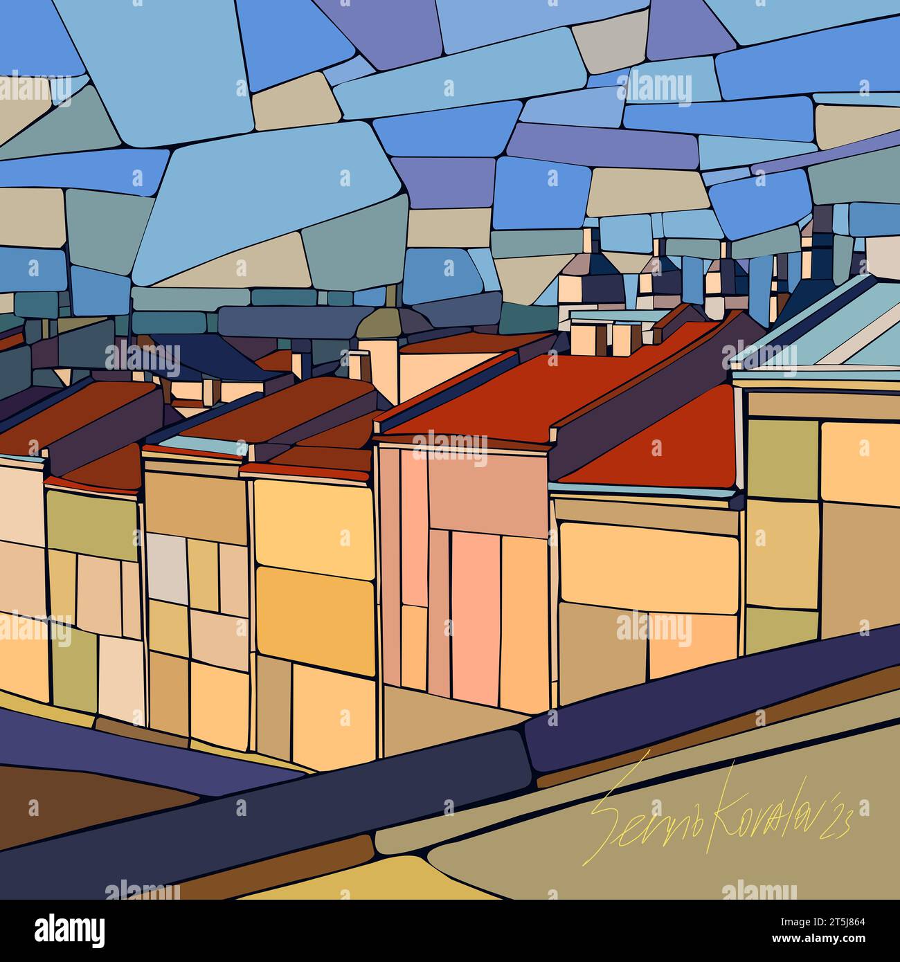 Lviv, Ukraine. View in Lviv city. Ukrainian architecture, vector ...