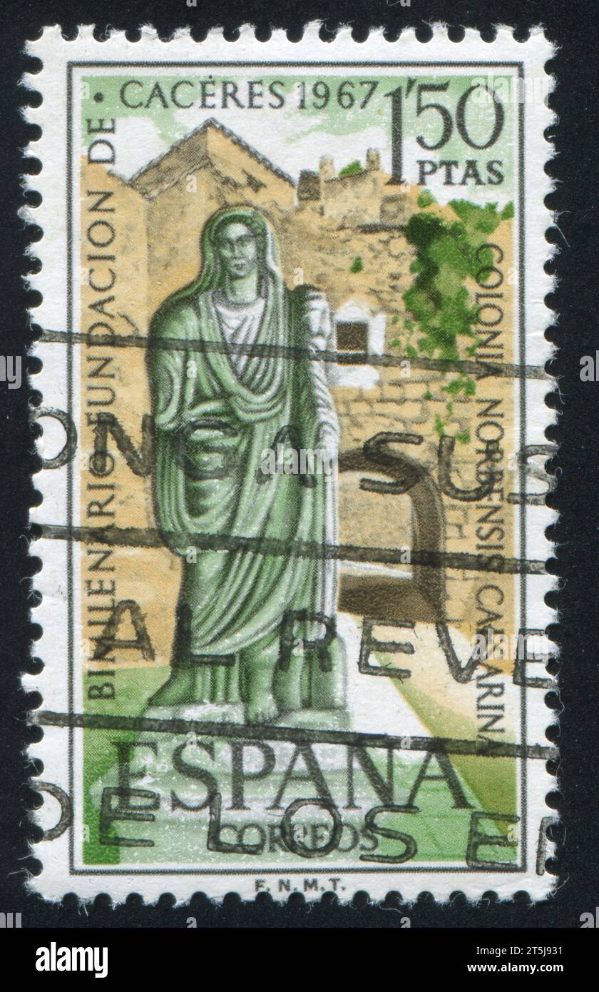SPAIN - CIRCA 1967: stamp printed by Spain, shows Roman Statue and Gate ...