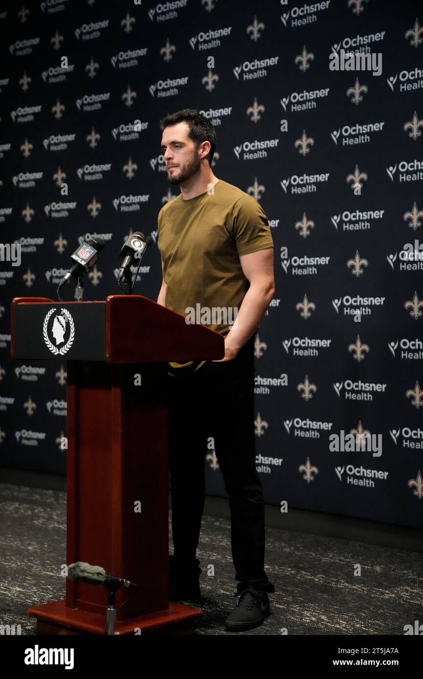 New Orleans Saints quarterback Derek Carr speaks at a press conference ...