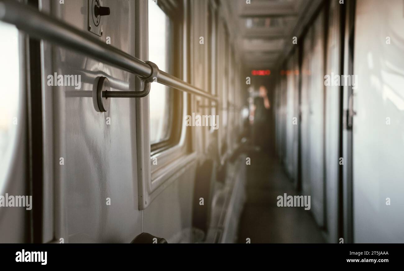 Interior of the train, Travel by railway. Corridor of night sleeping ...