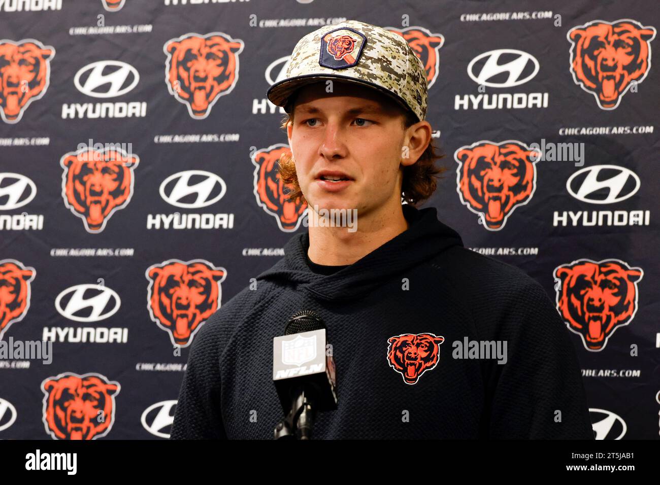 Chicago Bears quarterback Tyson Bagent speaks to media following an NFL ...