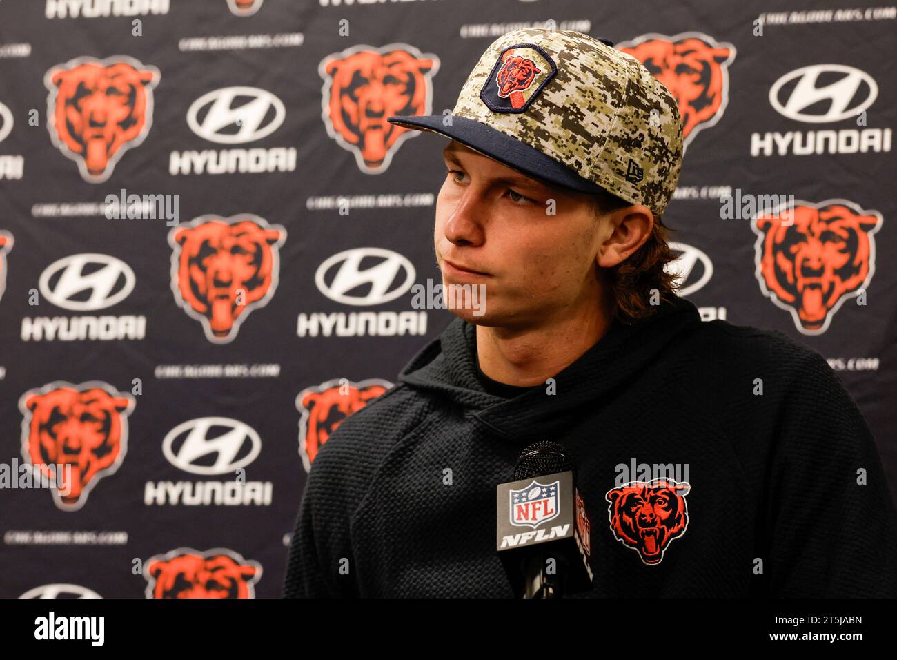 Chicago Bears quarterback Tyson Bagent speaks to media following an NFL ...