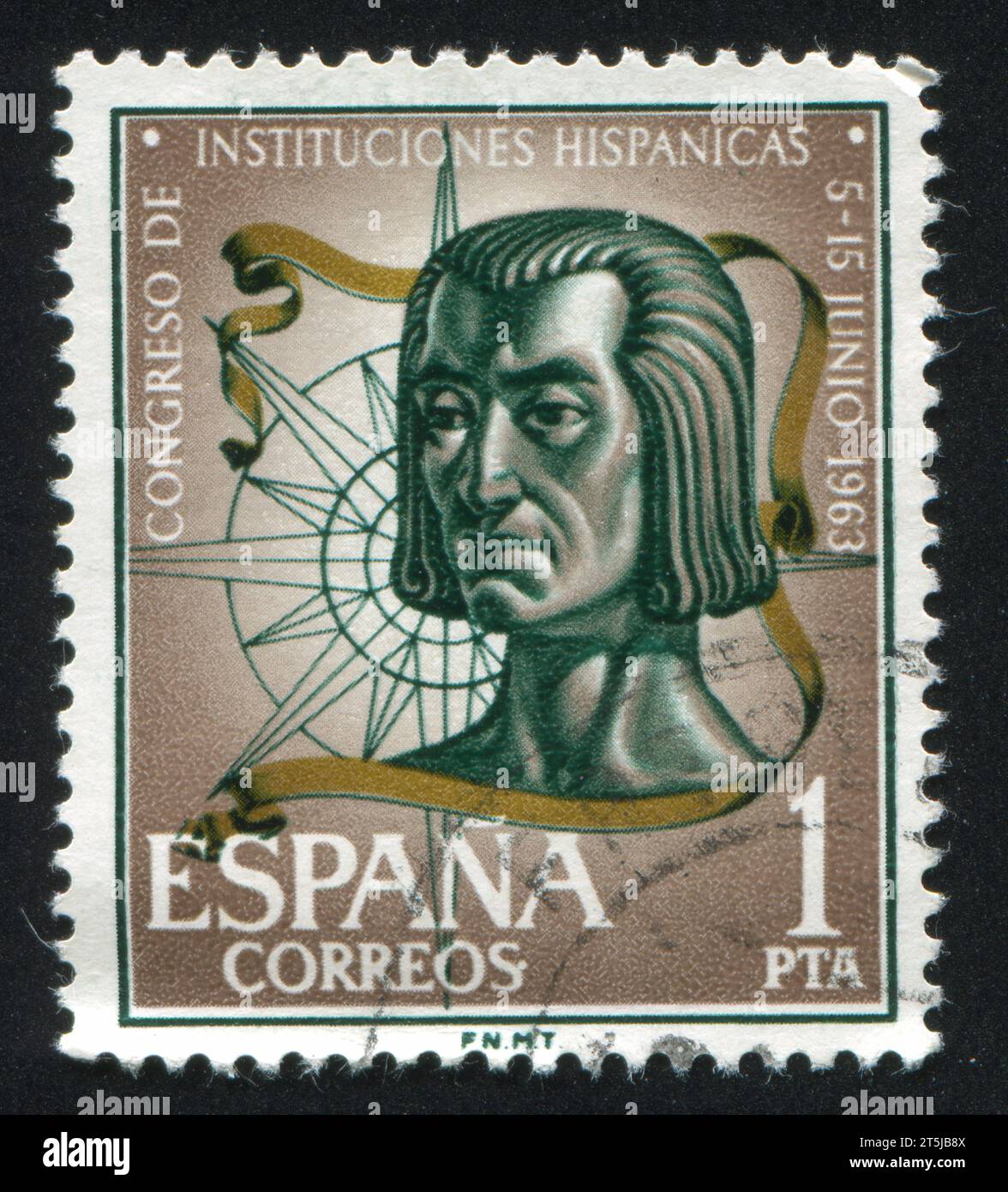 SPAIN - CIRCA 1963: stamp printed by Spain, shows Columbus and compass ...