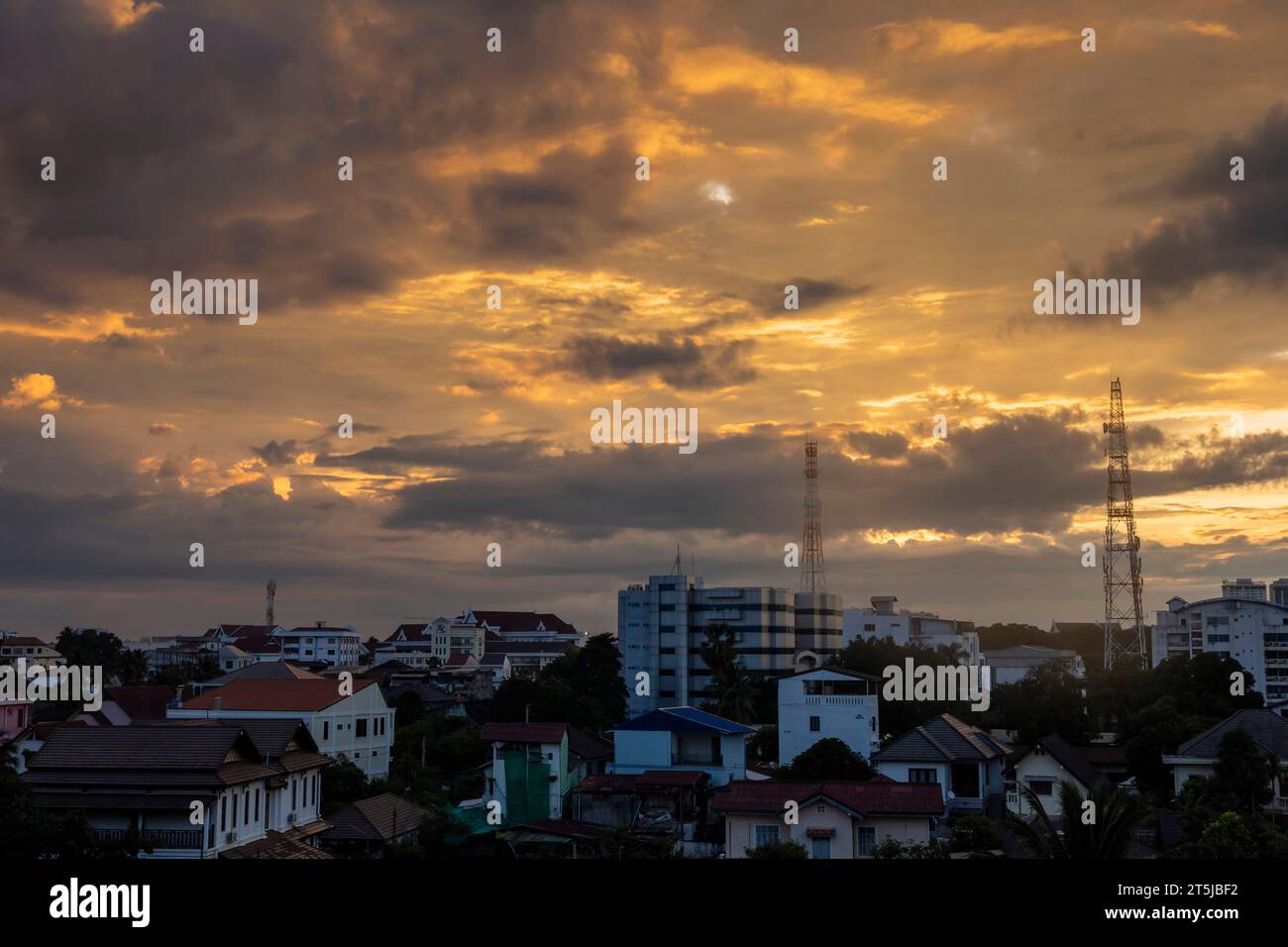 View of city center, sunrise, direction of Lang Xang Road's area ...
