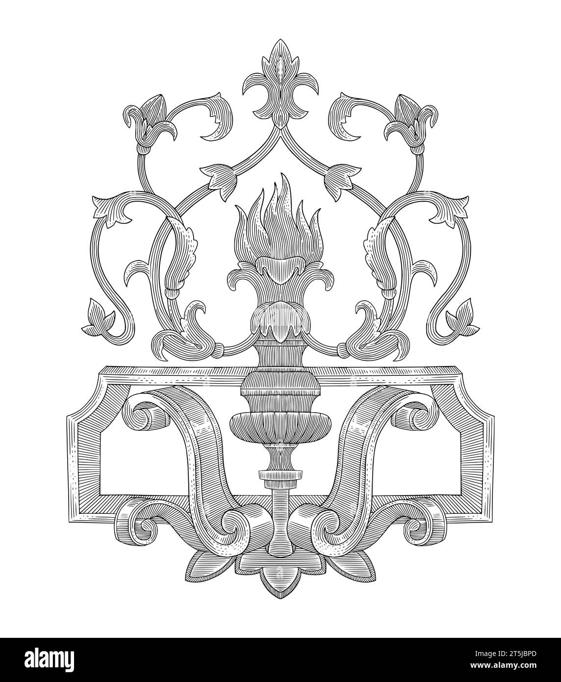 Torch with frame and floral ornament, Vintage engraving drawing style ...