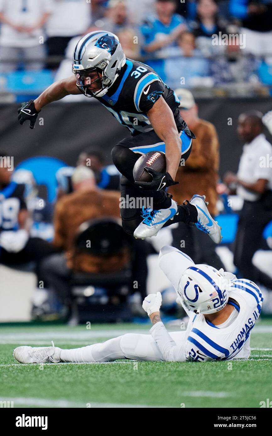 Carolina Panthers running back Chuba Hubbard jumps over Indianapolis ...