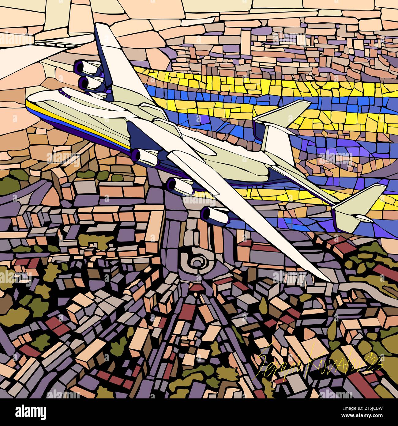 Kyiv, Ukraine. View in Kyiv city with plane in the sky. Ukrainian ...