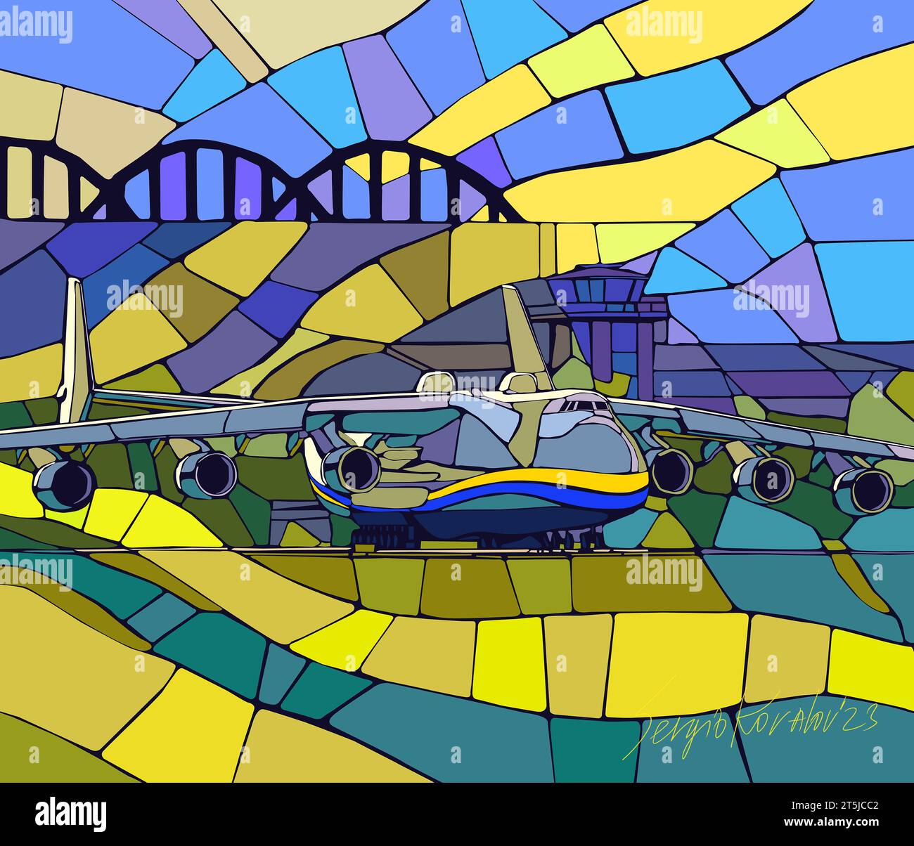 Kyiv, Ukraine. View with plane. Cargy aircraft, vector graphic ...