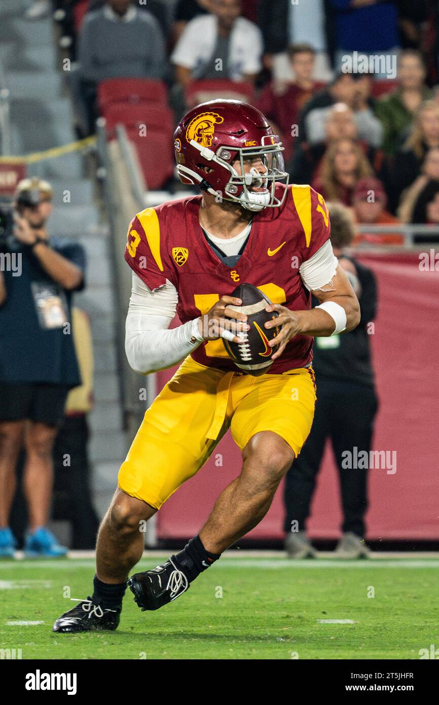 USC Trojans quarterback Caleb Williams (13) drops back to pass during a ...