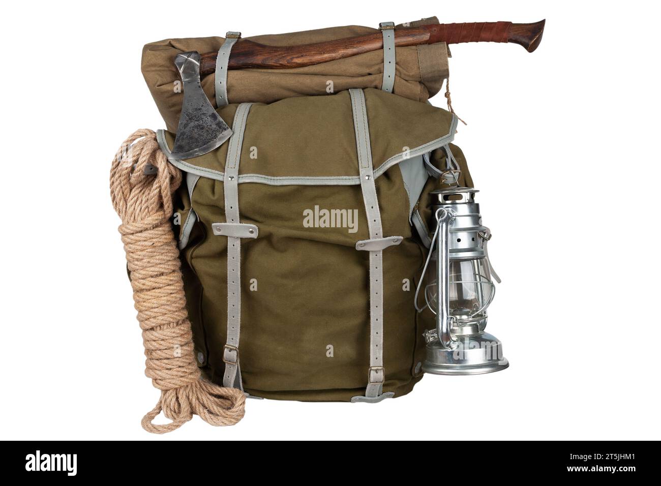 Backpack with rope, axe and gas lantern isolated on white background ...
