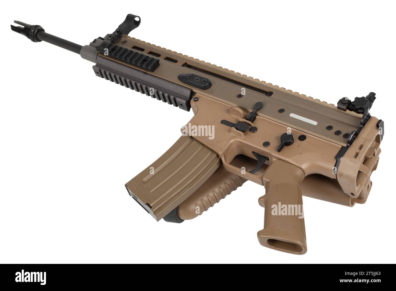 Modern army assault rifle with folded stock isolated on a white ...